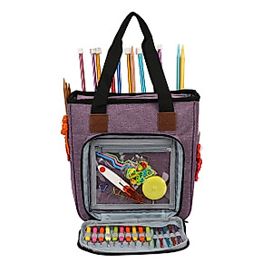 LOOEN Yarn Knitting Storage Tote-Large Capacity Crochet Organizer Portable Travel Bag with Shoulder Strap Crochet Hooks Case for Unfinished Bulk Project Purple