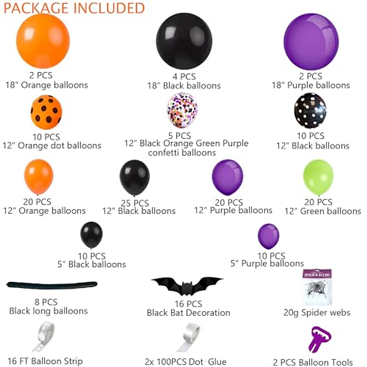KAKAN Halloween Balloon Arch Kit, Halloween Balloon Garland with Halloween Spider Web, Black Orange Purple Balloons, Dot balloon, Long Balloon, 3D Bat Sticker, Tool Set for Halloween Party Decorations