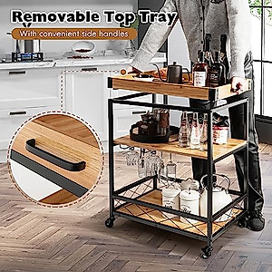 IFANNY Bar Cart, 3 Tier Rolling Cart with Removable Tray and Glass Holder, Wood Coffee Cart on Wheels, Small Kitchen Storage Islands & Carts, Serving Cart for Dining Room, Restaurant, Hotel