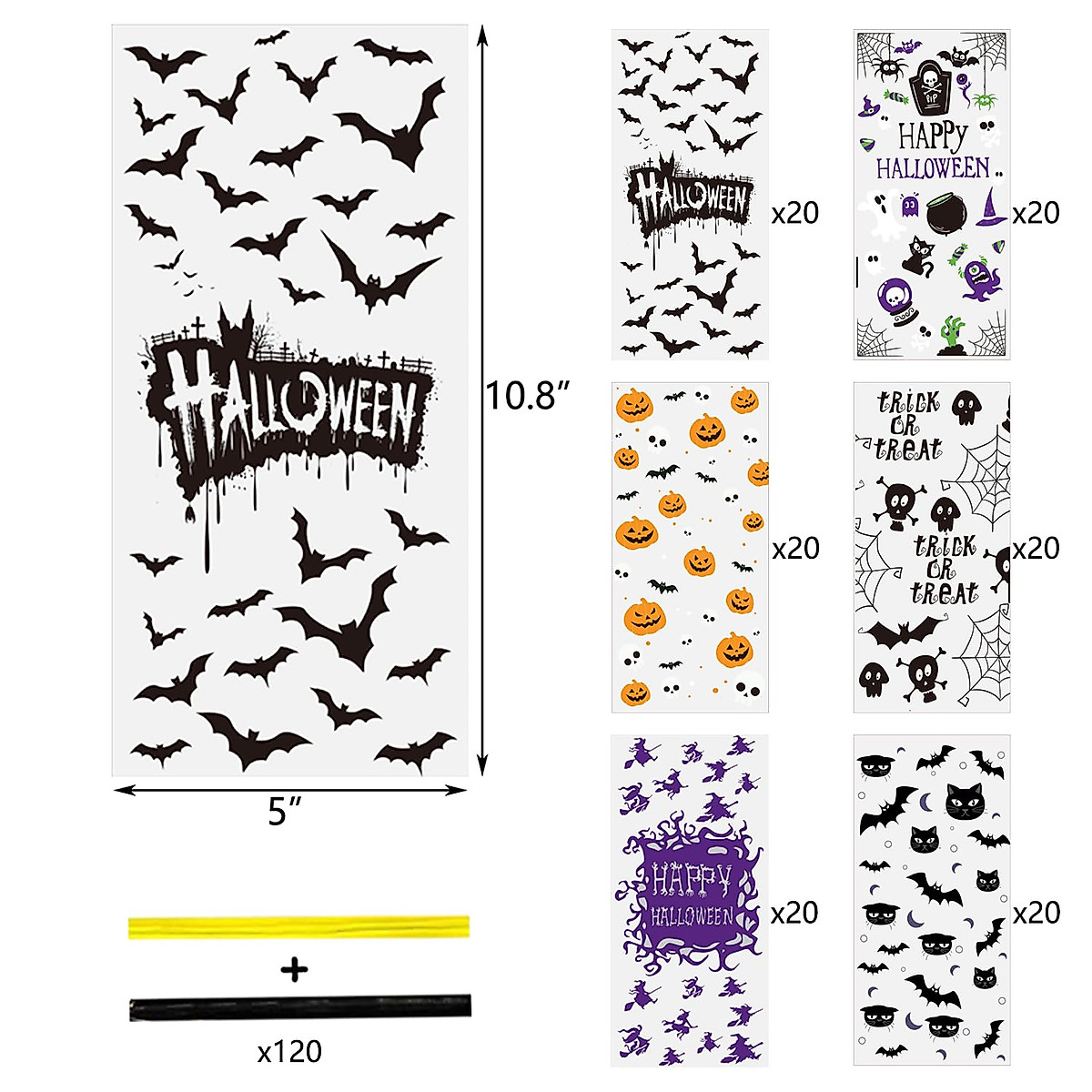 AouEtnay 120 Pcs Halloween Cellophane Treat Bags Candy Bags Halloween Goodie Bags with Tags Twist Ties for Goodie Cookie Candy Halloween Party Favor Supplies, 6 Styles