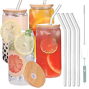 Glass Cups with Bamboo Lids and Straws 4pcs Set,16oz Wide Mouth Drinking Mason Glass Tumbler,Reusable Beer Cans Glasses,Iced Coffee Glass, Juice Boba Cup, Pearl Glass,Milk Cup -wih 2 Brushes