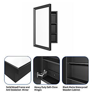 AGDULL Retro-Style Medicine Cabinet with 17’’x27’’ Solid Wood Mirror Frame, Bathroom Recessed Wall Cabinet, Living Room Wood Storage Cabinet, Black