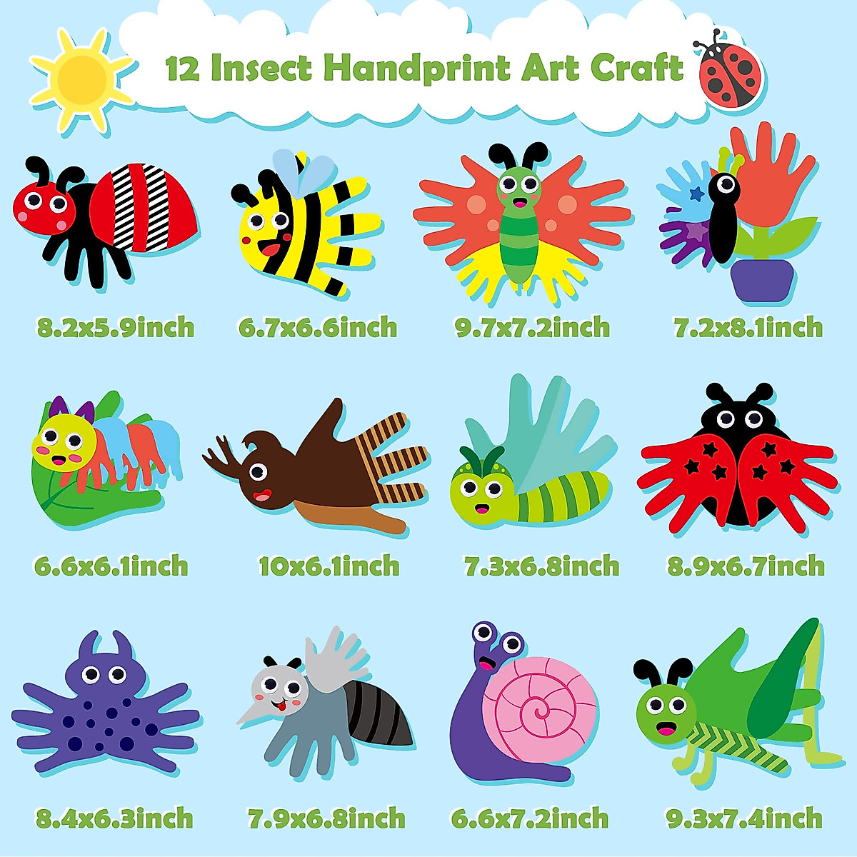 WATINC 12Pcs Spring Insect Handprint Art Craft Bug Crafts Butterfly Dragonfly Summer Springtime DIY Bug Kit Animal Themed Art Supplies Preschool Class Hand Print Activity Party Ornaments for Kids