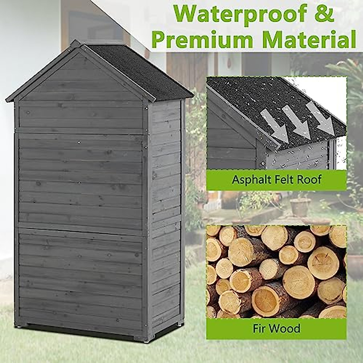 Outdoor Storage Cabinet, Storage Shed with Detachable Shelves, Wooden Garden Shed with Waterproof Roof, Outside Vertical Tall Tool Shed for Yard Patio Lawn Deck Garden (Gray)