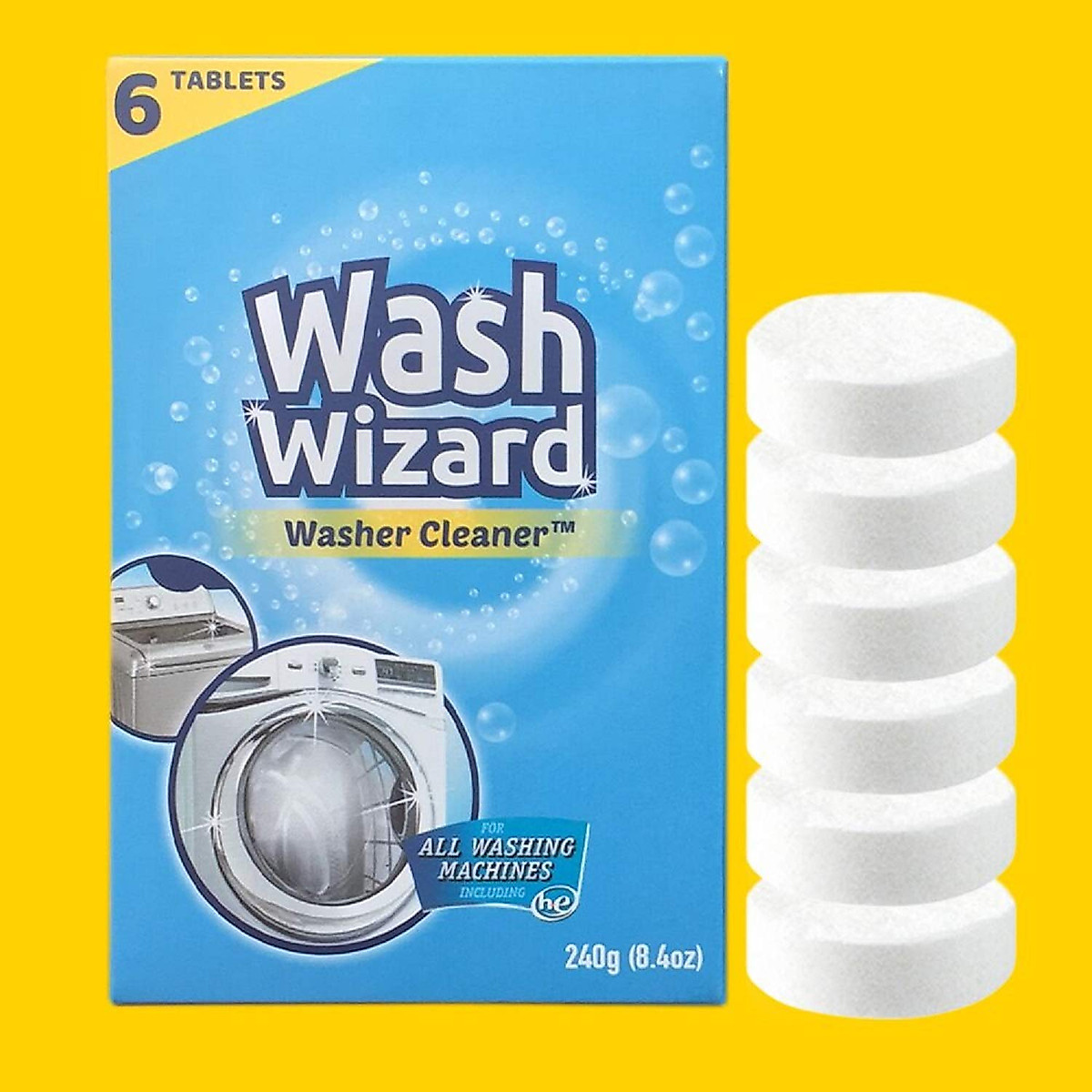 WASH WIZARD - Washing Machine Cleaner - White 6 Tablets, Cleans Front Load and Top Load Washers Including HE, Safe For all Washer Components and Septic Tanks