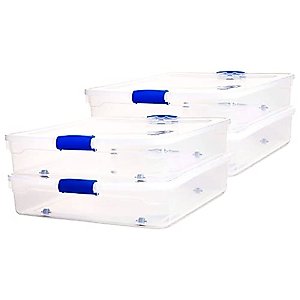 HOMZ 56 Quart Underbed Secure Latching Clear Plastic Storage Container Bin with Lid and Easy Glide Wheels for Home and Office Organization, (4 Pack)