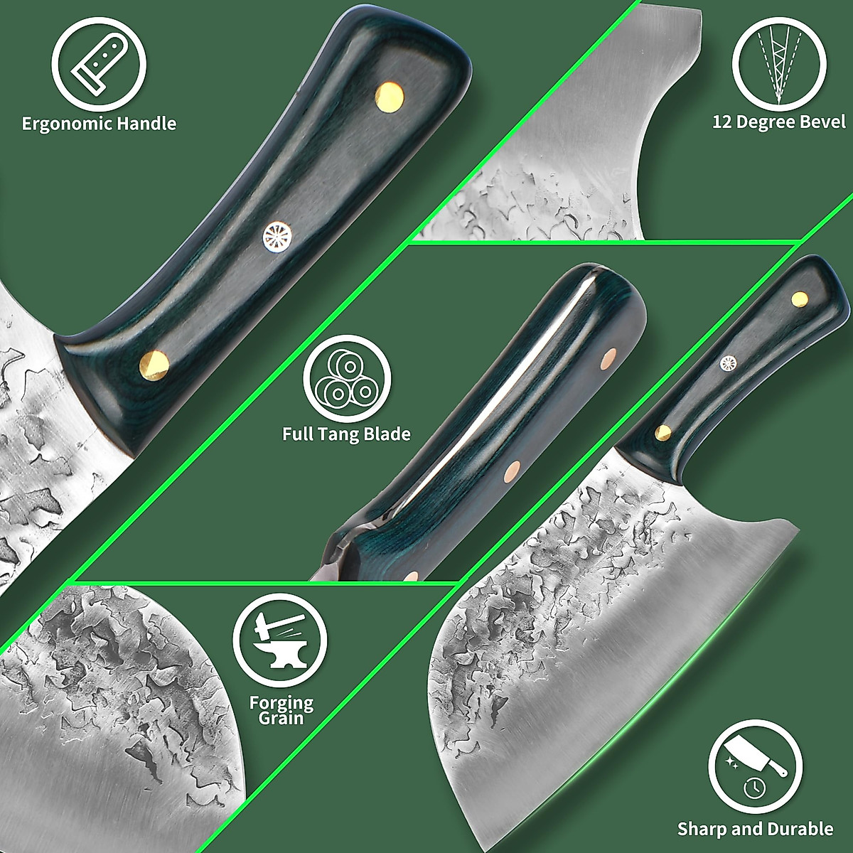 FULLHI 9 PCS Butcher Knife Set with Knife Bag and Sheath - Hand Forged Green handle Chef Knife High Carbon Steel Cleaver Knife Set for Kitchen Camping BBQ