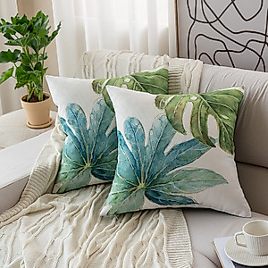 Green Tropical Leaves Throw Pillow Covers Set of 2 Decorative Monstera Palm Leaf Couch Pillow Case Botanical Plant Outdoor Pillow Covers Waterproof Fabric for Patio Bedroom Living Room, 18" x 18", C2