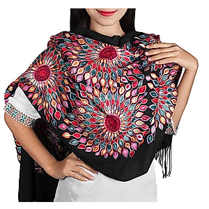 Urban CoCo Women's Embroidered Oversize Tassel Shawl Scarf Wraps for Women (Black)