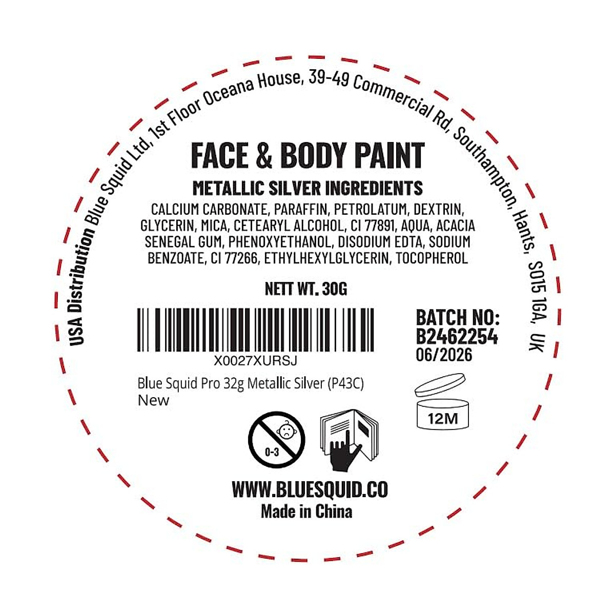 Blue Squid PRO Face Paint - Professional Water Based Single Cake Facepaint & Body Paints - SFX Makeup, Kids Adults Face Painting for Costume, Halloween, Cosplay - Metallic Silver 30g / 1oz