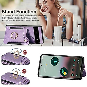 JanCalm for Google Pixel 6a Case Card Holder Wallet, Ring Stand, RFID Blocking, Wrist Strap, Camera Protector, Leather Magnetic Clasp Protective Cover for Google Pixel 6a (Purple)