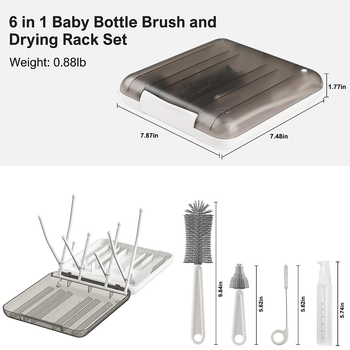 6 in 1 Bottle Cleaning Brush Set with Silicone Bottle Brush, Nipple Brush, Straw Brush, Soap Dispenser, Drying Rack for Baby Bottle and Water Bottle, Space Saving Baby Essentials for Home and Travel