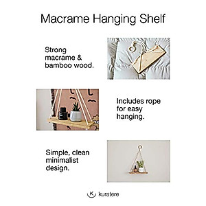 Kuratere Bamboo Hanging Wall Shelf - Indoor BoHo Plant Shelf - Macrame Rope 12 Inch Eco Friendly Wooden Floating Shelves for Organized Bedrooms, Living Rooms, Closets or Bathrooms
