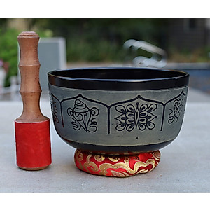 DharmaObjects Tibetan Meditation 8 Lucky Symbols Singing Bowl Mallet Mat Cushion Set (8 Inches, 8 Lucky Symbols)