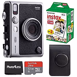 Fujifilm Instax Mini EVO Hybrid Black Instant Camera | Instax Mini Twin Pack Instant Film | 32GB microSD Card with Adapter | Black Camera Case