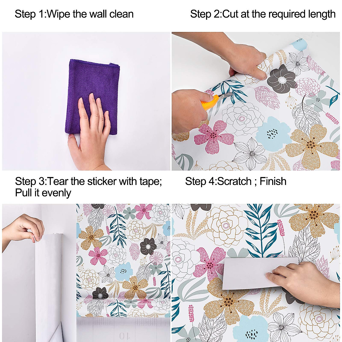 Mecpar Floral Wallpaper 17.71'' x 118'' Perennial Blooms Peel and Stick Vinyl Self Adhesive Removable Waterproof Wallpaper for Bathroom Cabinet Prepasted Decorative