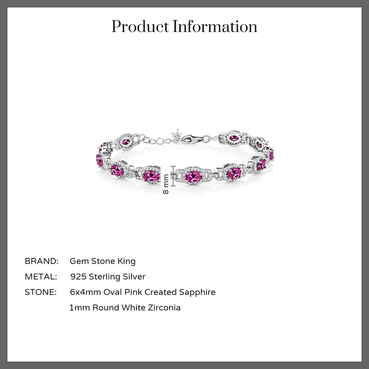 Gem Stone King 925 Sterling Silver Oval Pink Created Sapphire Tennis Bracelet For Women (9.10 Cttw, 7 Inch with 1 Inch Extender)