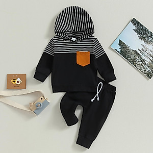 Douhoow Infant Fall Baby Outfit Baby Boy Hoodies Hoody Sweatshirt Drawstring Pants Baby Boy Clothes Set (Black stripes, 6-12 Months)