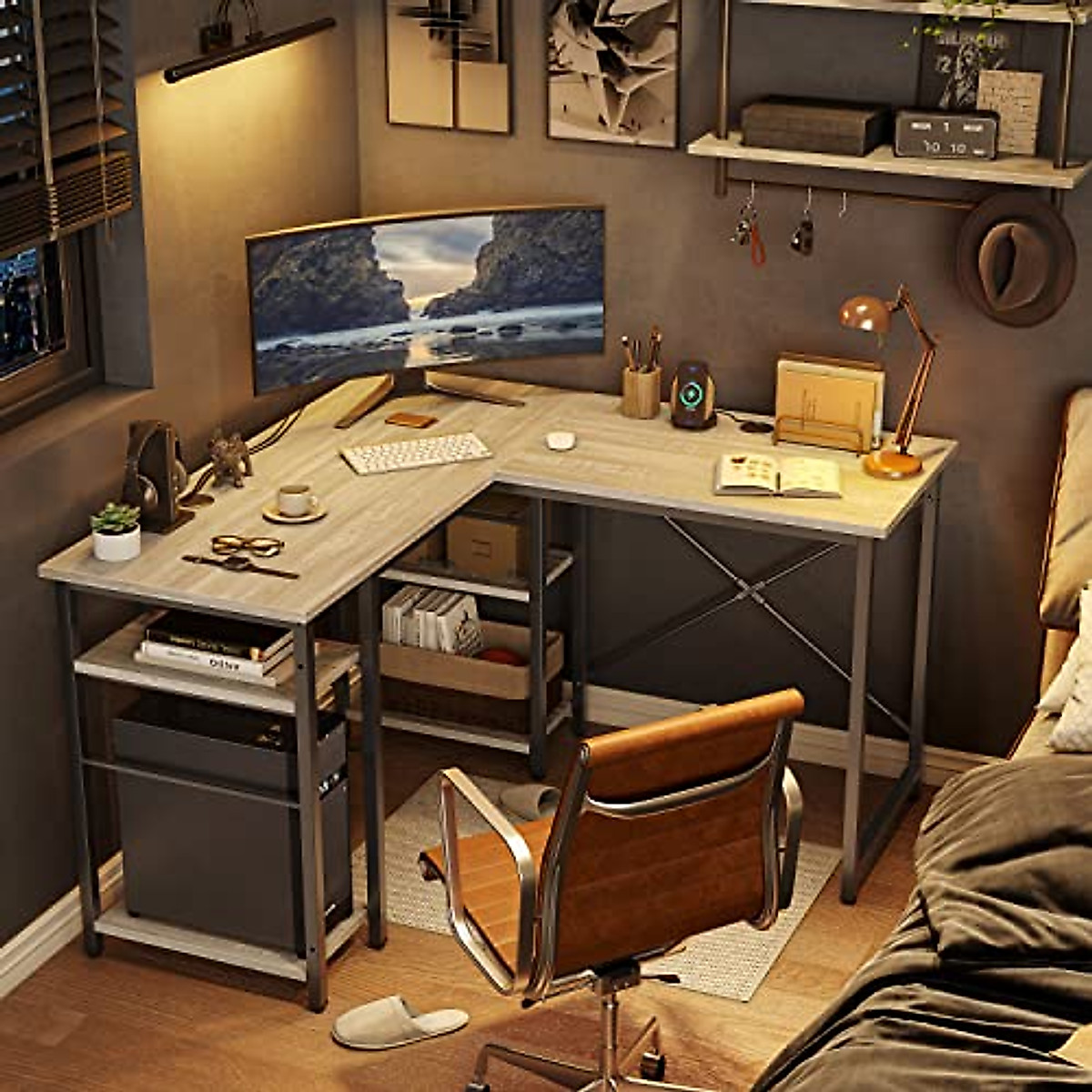 Bestier L Shaped Desk with Shelves 75 Inch Reversible Corner Computer Desk or 2 Person Long Table, Writing Study Desk for Home Office Small Space Bedroom Apartment, Wash White