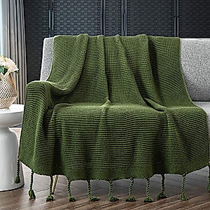 RUDONG M Knitted Throw Blanket with Fringe, Forest Green Knit Throw Blanket for Couch Bed Sofa 50" x 60"
