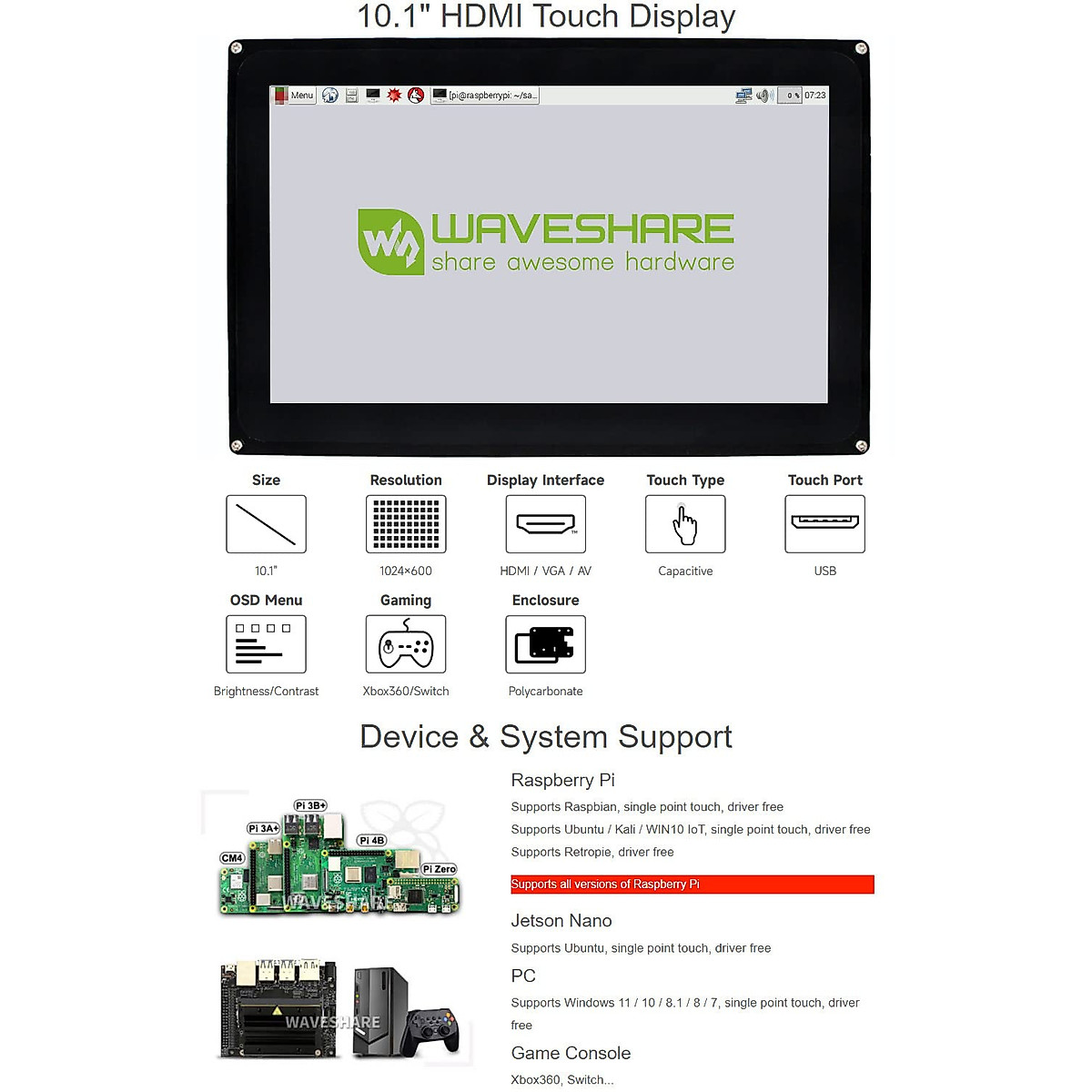 waveshare 10.1inch Capacitive Touch Screen LCD with Case Compatible with Raspberry Pi 4B/3B+/3A+/2B/B+/A+/Zero/Zero W/WH/Zero 2W CM3+/4 1024×600 Resolution HDMI Supports Jetson Nano/Windows