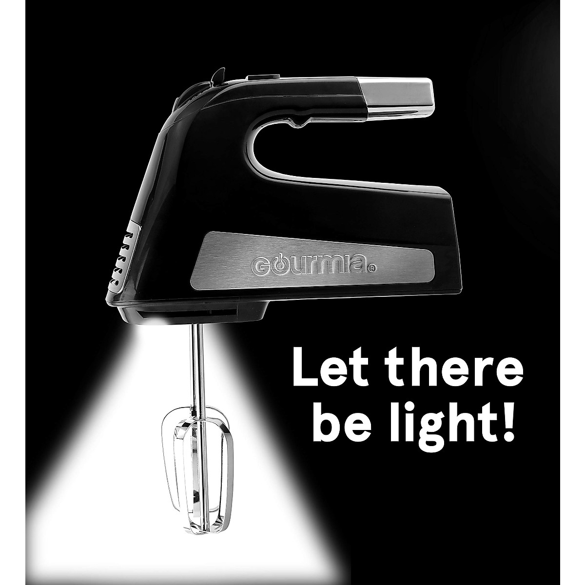 Gourmia GHM2530 Illuminating Electric Hand Mixer with 6 Speeds + Turbo Mode - Powerful 300-Watt Motor - Integrated LED Spotlight - Includes Beater Whisks & Dough Hooks