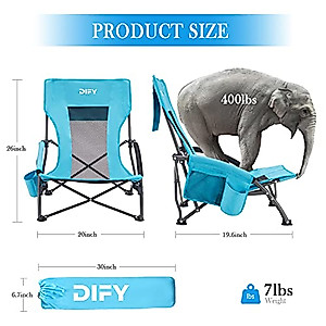 DIFY Folding Beach Chair 2 Pack, Lightweight with Storage Bag and Cup Holder, Comfortable and Portable, for Carry or Backpack, Low Beach Chair for Outdoor Activities, Camping, Beach, Events. (Blue)