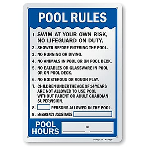 SmartSign 14 x 10 inch “Pool Rules - Swim At Your Own Risk, Shower Before Entering, Emergency Assistance, Pool Hours” Write-On Metal Sign, 40 mil Laminated Rustproof Aluminum, Blue, Black and White