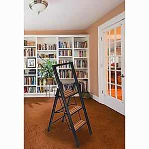 Step Ladder 3 Step Folding, Decorative - Beautiful Bamboo & Black Aluminum, Ultra Slim Profile, Anti Slip Steps, Sturdy-Portable for Home, Office, Kitchen, Photography Use,by SORFEY