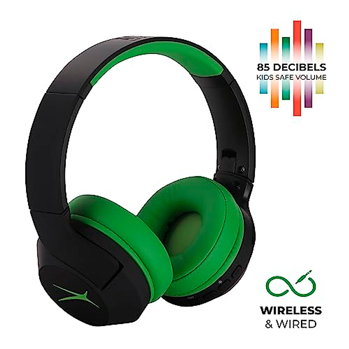 Altec Lansing Kid Safe Noise Cancelling Wireless Headphones 15H Battery, 85dB Volume Limit, Foldable Design Powerful Sound, Active Noise Cancellation Perfect for Kids Ages 7+ (Blackout Green)