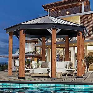 EROMMY 15' x 15' Hardtop Gazebo, Outdoor Wood Looking Aluminum Octagon Wood Grain Gazebos with Galvanized Steel Roof for Patio, Backyard, Deck and Lawns