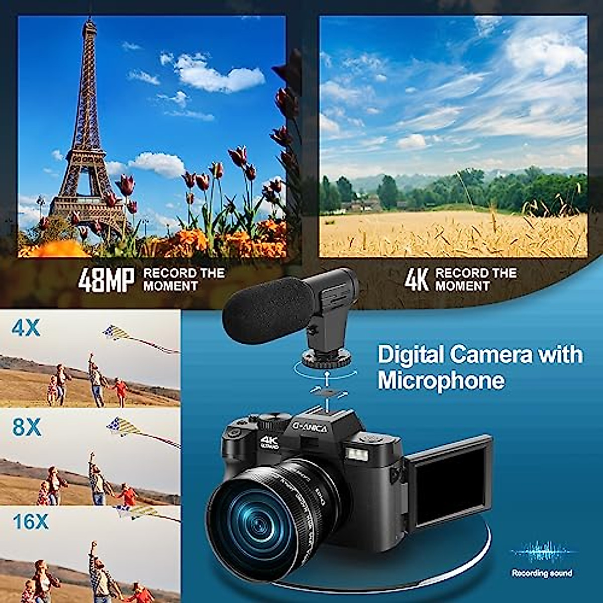 G-Anica 4K Digital Cameras for Photography, 48MP Vlogging Camera for YouTube with Microphone & Tripod Grip, Video Camera with Wide-Angle&Macro Lens, Content Creator Kit & Travel Camera(32GB SD Card)