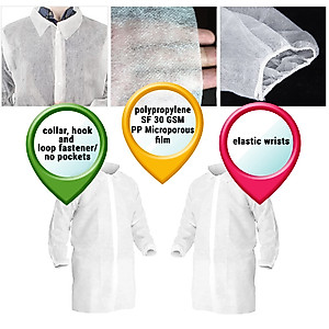AMZ Disposable Lab Coat, White Disposable Lab Coats for Adults 30 GSM PP, PPE Coat with 4 Snaps, Elastic Wrists, No Pockets