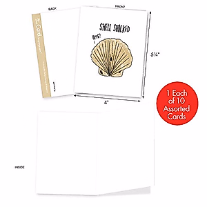 The Best Card Company - 10 Funny Assorted Blank Humor All Occasions Notecards Boxed Set 4 x 5.12 Inch w/Envelopes Cute Word Play for Men, Women (10 Designs, 1 Each) - Fun Puns M2975OCB