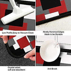 Red Black White Geometric Patterns Kitchen Rugs and Mats Set of 2,Modern Decoration Style Kitchen Mat Non-Slip Absorbent Mats for Sink Waterproof Runner Rug for Laundry Room 17x30+17x48inch