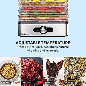 Elite Gourmet EFD3321 Food Dehydrator, Stainless Steel Trays Adjustable Temperature Controls, Jerky, Herbs, Fruit, Veggies, Dried Snacks, Stainless Steel