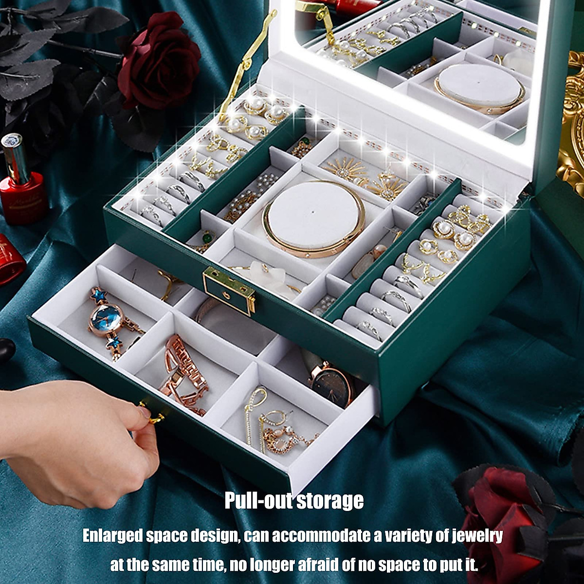 Jewelry Box Lingge Jewelry Box Multilayer Jewelry Box LED Makeup Jewelry Pull-Out Jewelry Box Storage