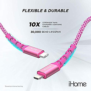 iHome USB C to Lightning Cable: Nylon Braided, Apple MFi Certified,for iPhone 12/12 Pro/12 Pro Max/12 Mini/ 11/11 Pro/ 11 Pro Max, AirPods Pro(Supports Power Delivery w/18W Type C Charger),10 Ft,Pink