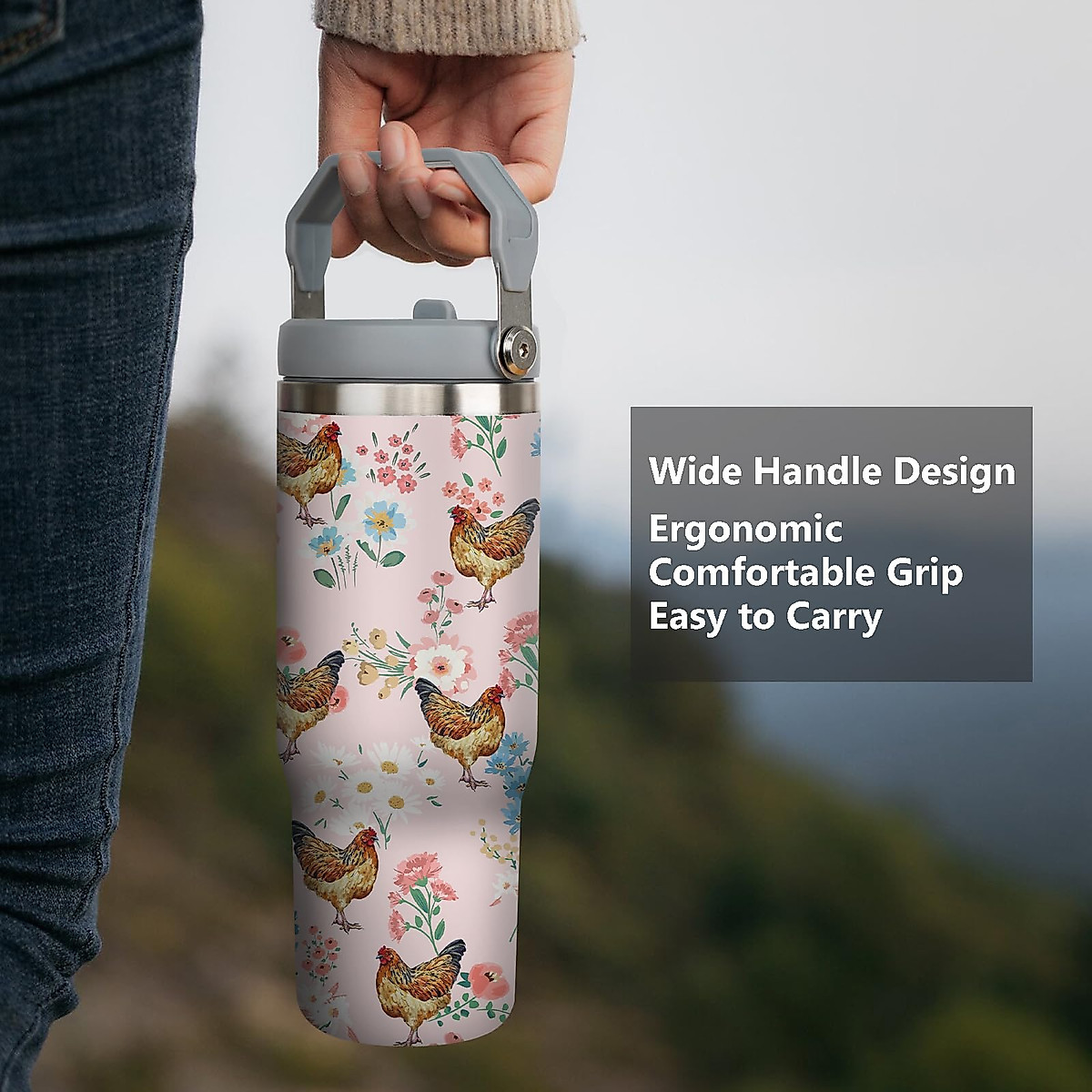 30oz Chicken Tumbler with Handle and Straw, Pink Chicken Stainless Steel Vacuum Insulated Flip Straw Coffee Cups Spill Proof Travel Mug, Chicken Rooster Decor Stuff Gifts for Women Chicken Lover