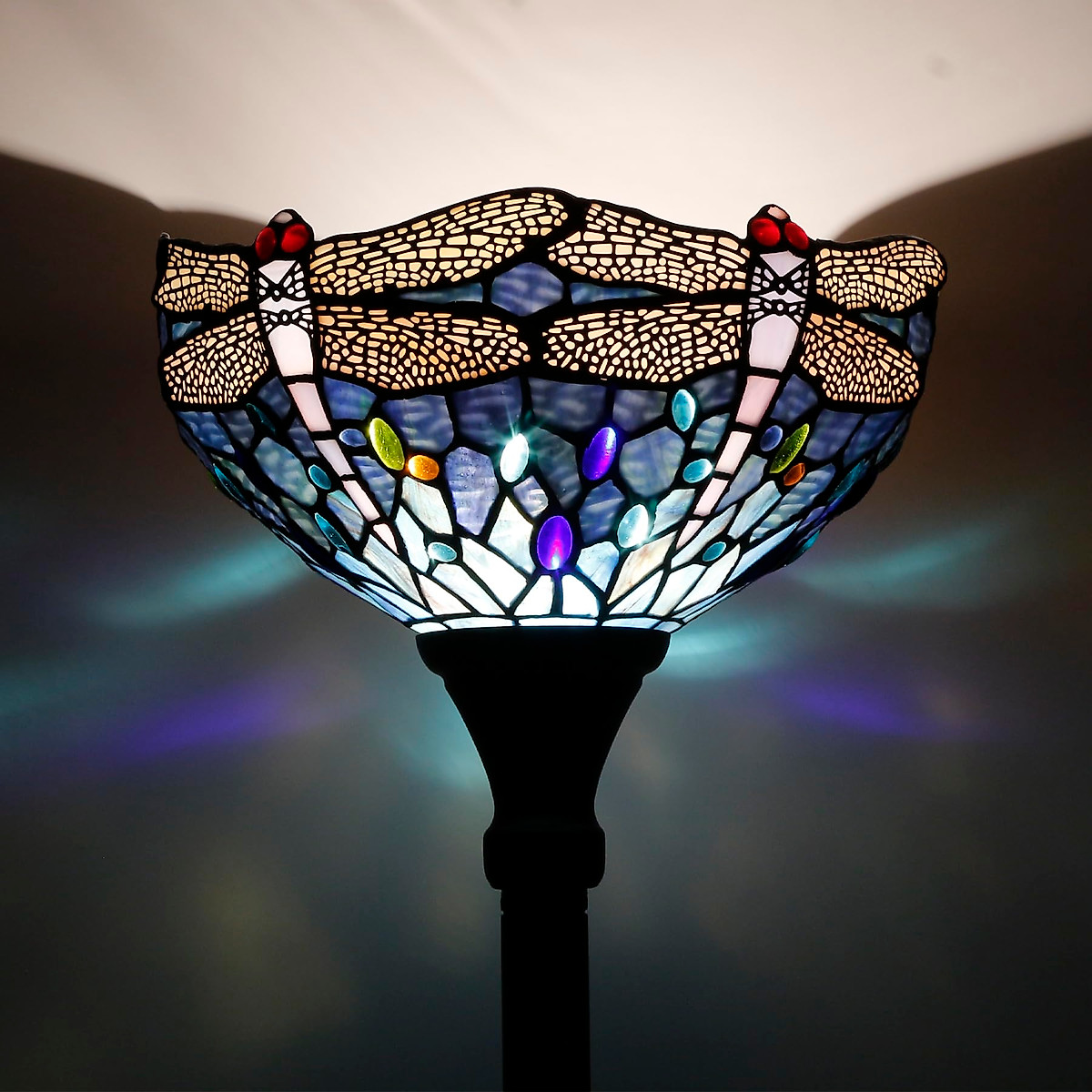 WERFACTORY Tiffany Floor Lamp Sea Blue Stained Glass Dragonfly Light 12X12X66 Inches Pole Torchiere Standing Corner Torch Uplight Decor Bedroom Living Room Home Office S631 Series