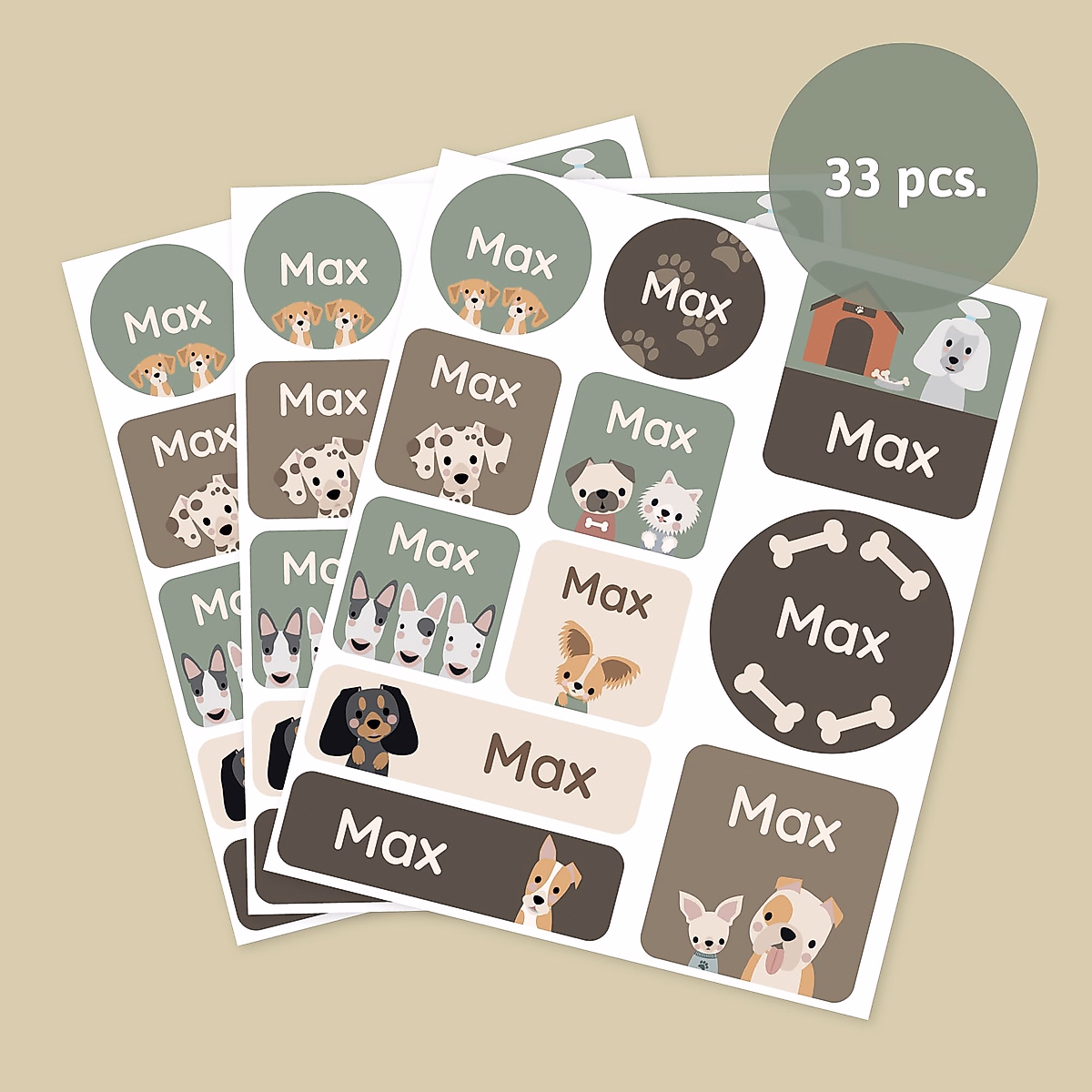 Large Name Labels for Kids (33) - Custom Stickers for Daycare and School Supplies - Durable, Waterproof Stickers for Water Bottles, Lunch Boxes, and More with Unique Designs - Dog