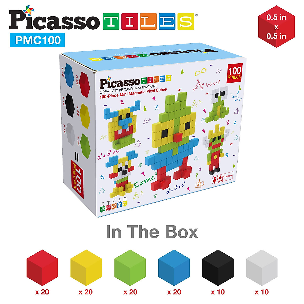 PicassoTiles 0.5” Pixel Magnetic Puzzle Cube 100 Piece Mix & Match Cubes Sensory Toys STEAM Education Learning Building Block Magnets Children Construction Toy Set Stacking Magnet Creative Kit PMC100