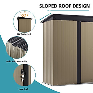 Outdoor Metal Shed 5FTx3FT, Mini Weather Resistant Tool Storage Sheds with Lockable Door, Sloped Roof Storage Shed, Perfect for Backyard, Garden & Lawn(Brown)