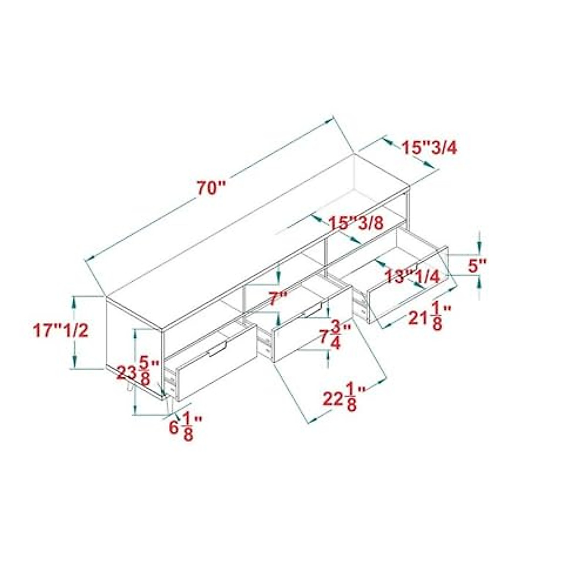 Walker Edison Millie Mid Century Modern 3 Drawer Solid Wood Low Stand for TVs up to 80 Inches, 70 Inch, Caramel