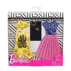 Barbie Clothes -2 Outfits for Barbie Doll Feature Polka Dots on a Yellow Hoodie Dress, a Blue Top and Pink Skirt, Plus 2 Accessories, Gift for 3 to 8 Year Olds