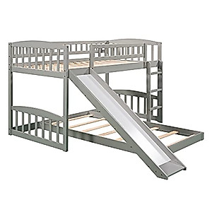 Tidyard Twin Over Twin Bunk Bed with Slide and Ladder, Wood Bed Gray for Bedroom Dorm Guest Room Home Furniture