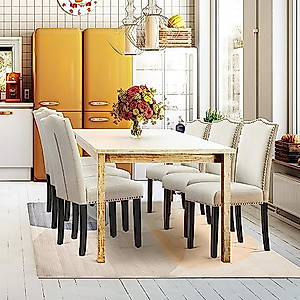 Yaheetech Dining Chairs Set of 6 Dining Room Chairs Modern Kitchen Chairs Fabric Upholstered Dining Room Chairs with Solid Wood Legs and Padded Seat for Home Kitchen Living Room, 3 Package, Beige