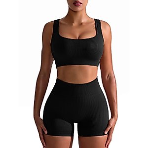 OQQ Workout Outfits For Women 2 Piece Seamless Ribbed High Waist Leggings With Sports Bra Exercise Set Black