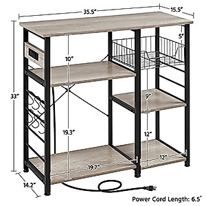 Yaheetech Baker's Rack with Power Outlet, 4-Tier Coffee Bar Station Microwave Stand with Wire Basket and 6 S-Shaped Hooks, Durable Kitchen Storage Shelf Ample Cart, Gray