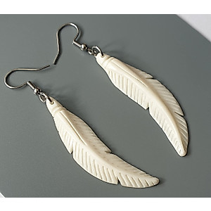 Swimmi 2.4 inch Bone Feather Earrings, Hand Craved Feather Bone Earrings, Handmade Dangle Drop Hook Bone Jewelry FA026
